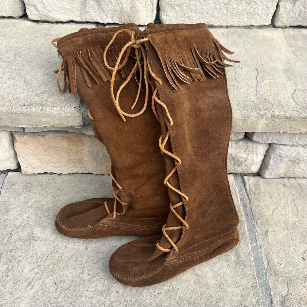 Minnetonka Suede Knee High Lace Up Moccasins Boots Wi… - Gem
